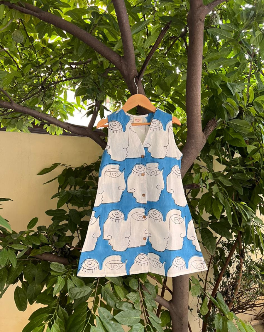 Chehre Blue Cotton Dress for Girls – Phutari