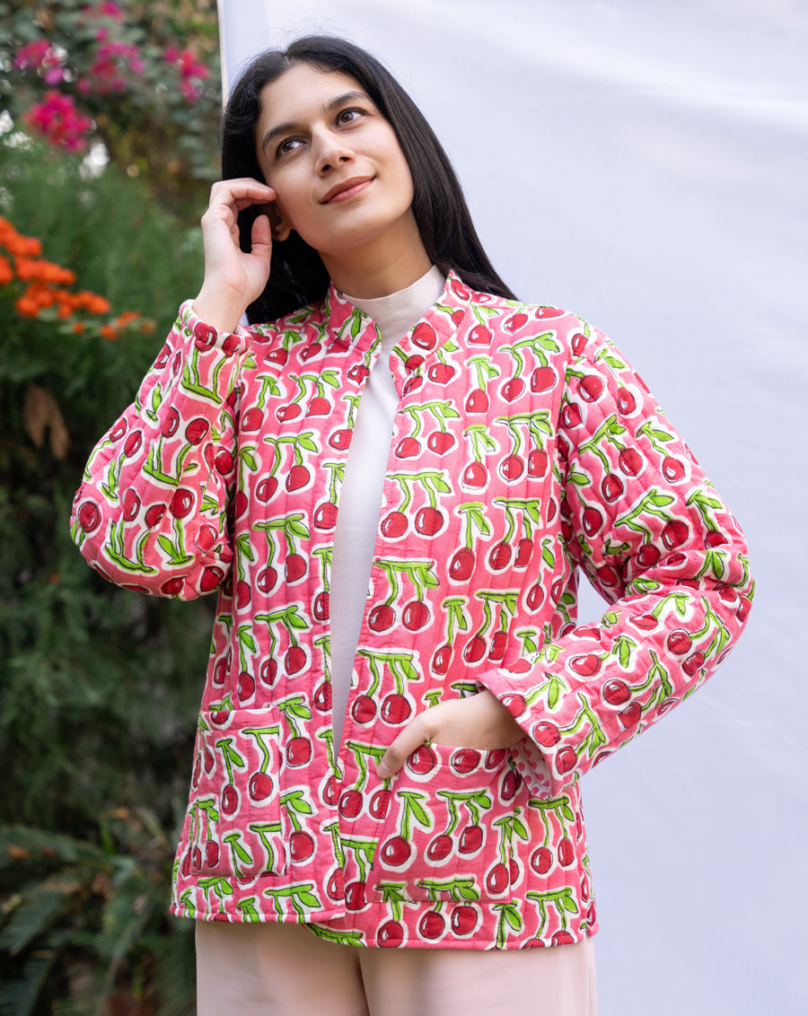 Cherries Quilted Winter Jacket For Women | Made With Cotton | Phutari