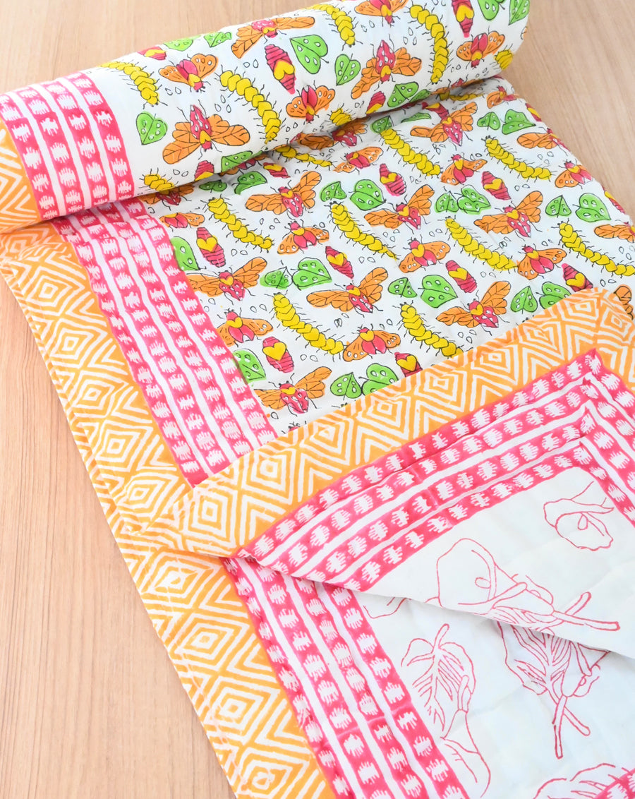 Cat-A-Pillar Hand Block Printed Double Cotton Quilt - Minor Defect ...
